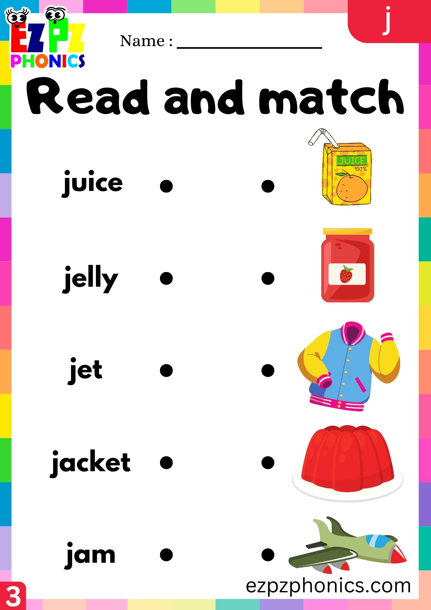 Letter j Read and Match the Images Phonics Activity Group 3 - ezpzphonics.com
